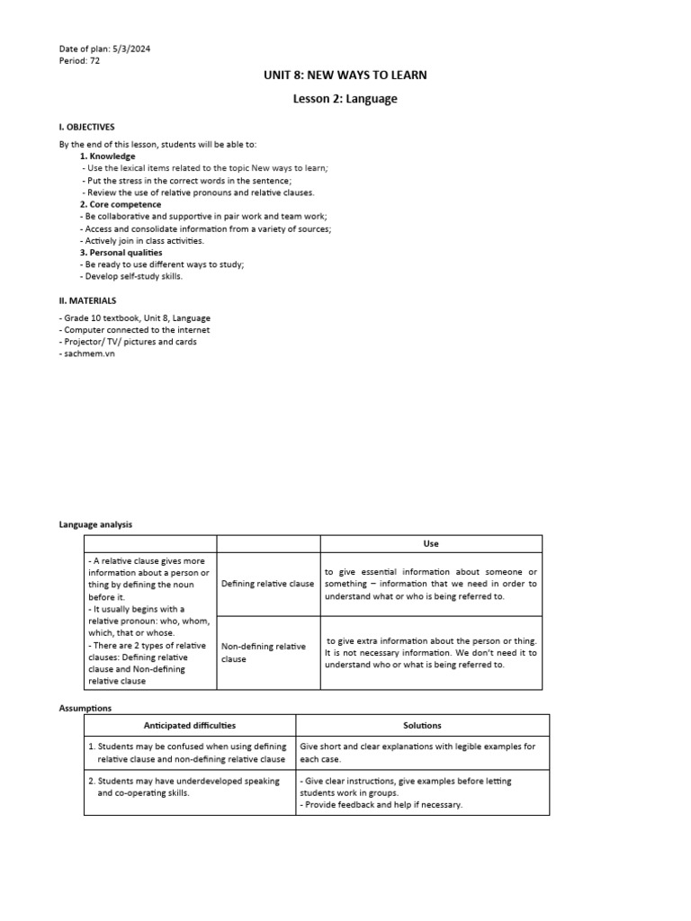 Lesson Plan U8 Language | PDF | Word | Stress (Linguistics)