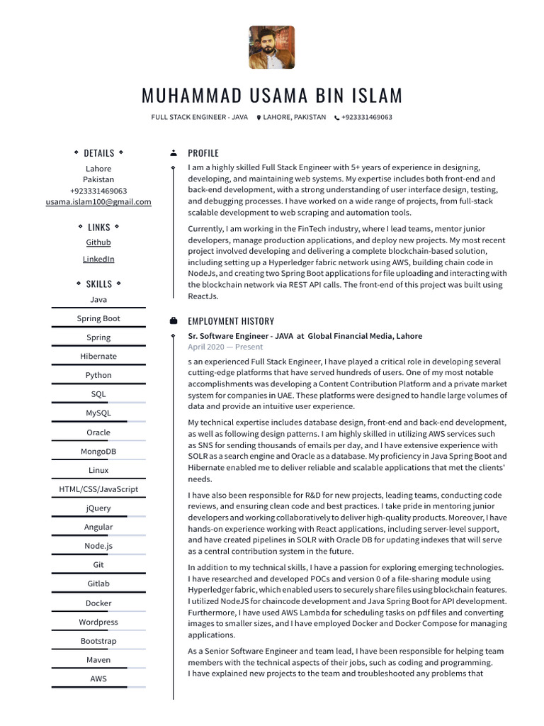 Muhammad Usama Bin Islam - Full Stack Engineer - Java | PDF | Apache Solr | Information Technology