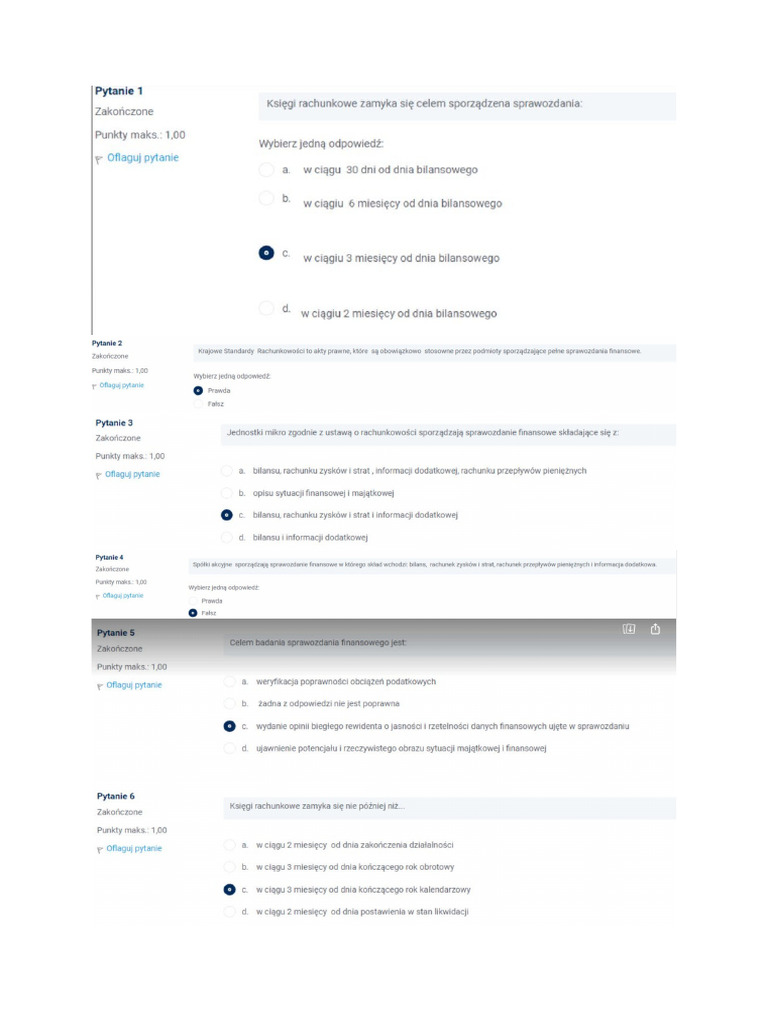 Quiz 1 Sprawozdawczość Finansowa DR Krystyna Barczyk 2024 | PDF
