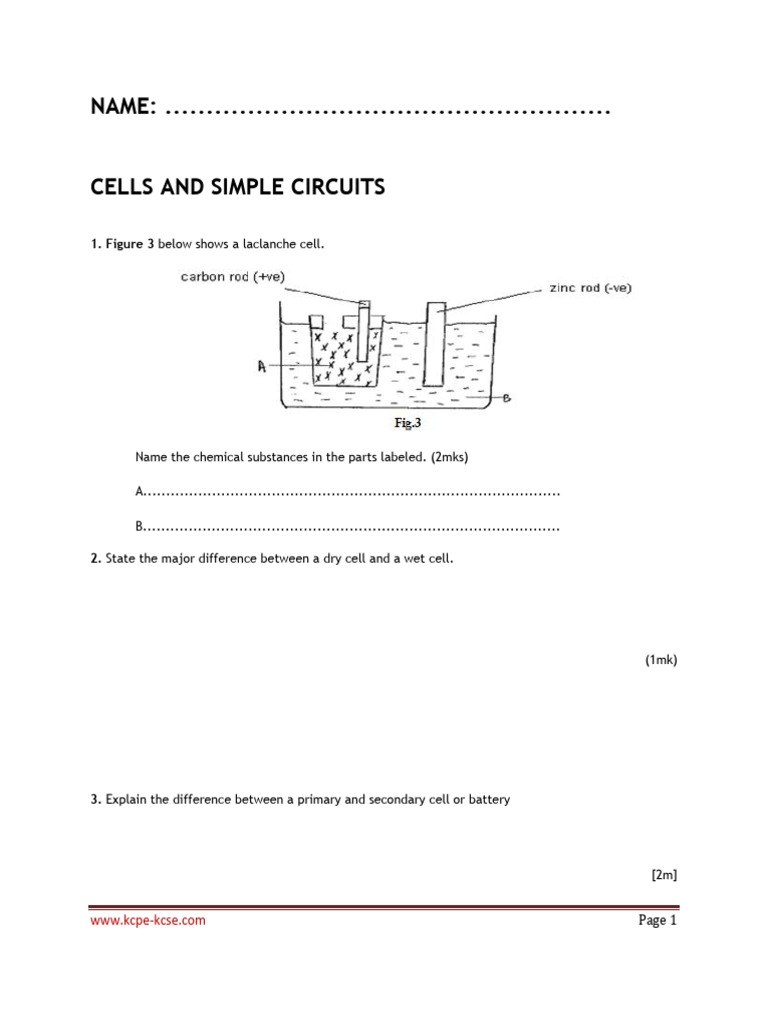 FORM 1 TOPIC 10. CELLS AND SIMPLE CIRCUITS QUESTIONS Teacher - Co - .Ke ...