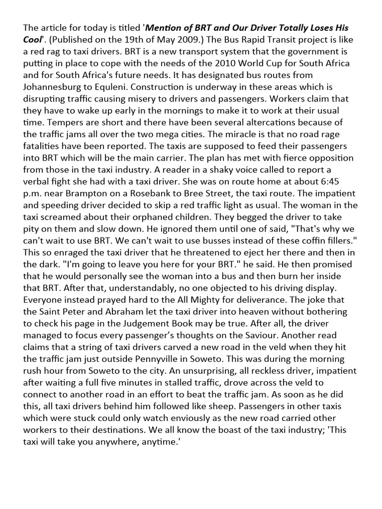 Mention of BRT and Our Driver Totally Loses His Cool | PDF | Transport ...