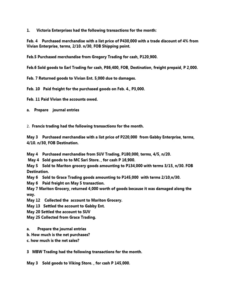 Activity On Merchandising Business Journal Entries | PDF | Travel