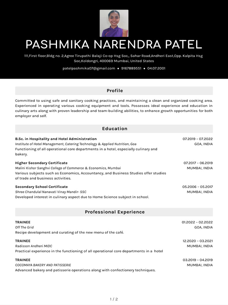 Pashmika Narendra Patel: Profile | PDF | Cooking | Culinary Arts