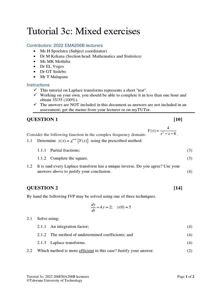SU3 Tutorial3c | PDF | Laplace Transform | Mathematical Analysis