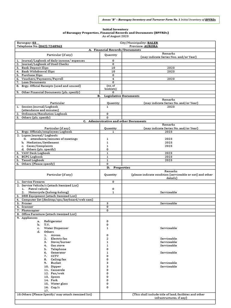1.3 BSKE 2023 - Annexes A B and C Barangay Inventory and Turnover of BPFRD and Money - October ...