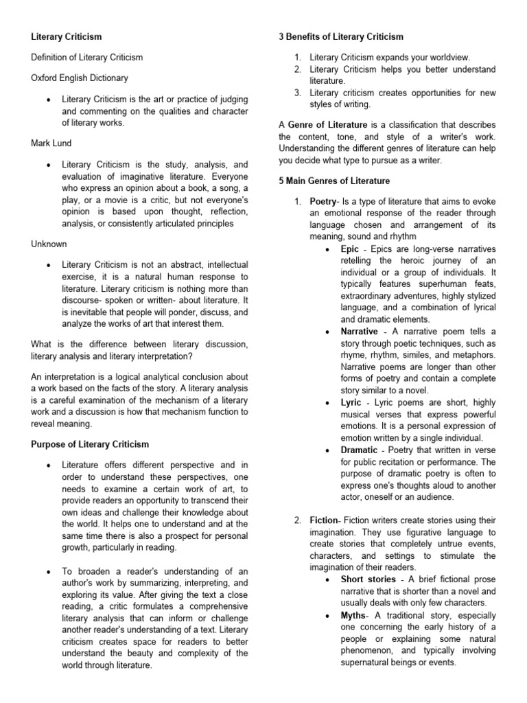 Literary Criticism Notes | PDF | Poetry | Narrative