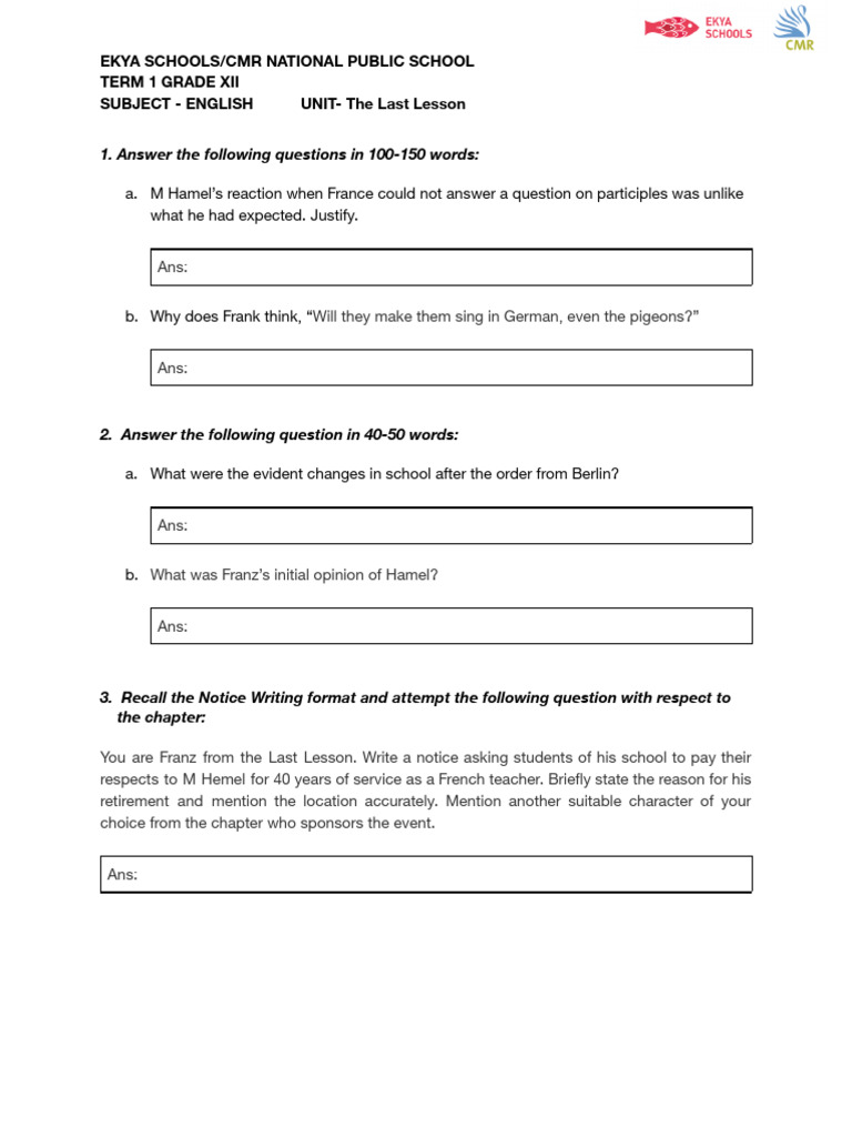 Grade 12 Worksheet - The Last Lesson | PDF