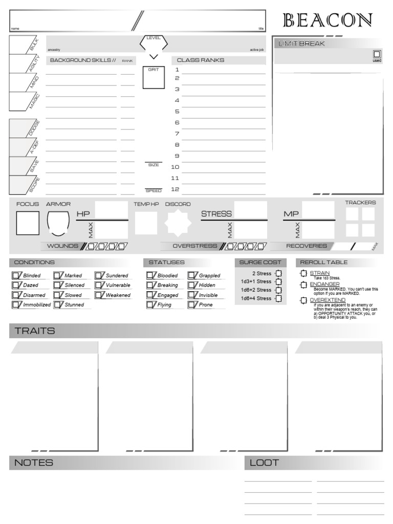 Beacon - Character Sheet (Fillable) | PDF