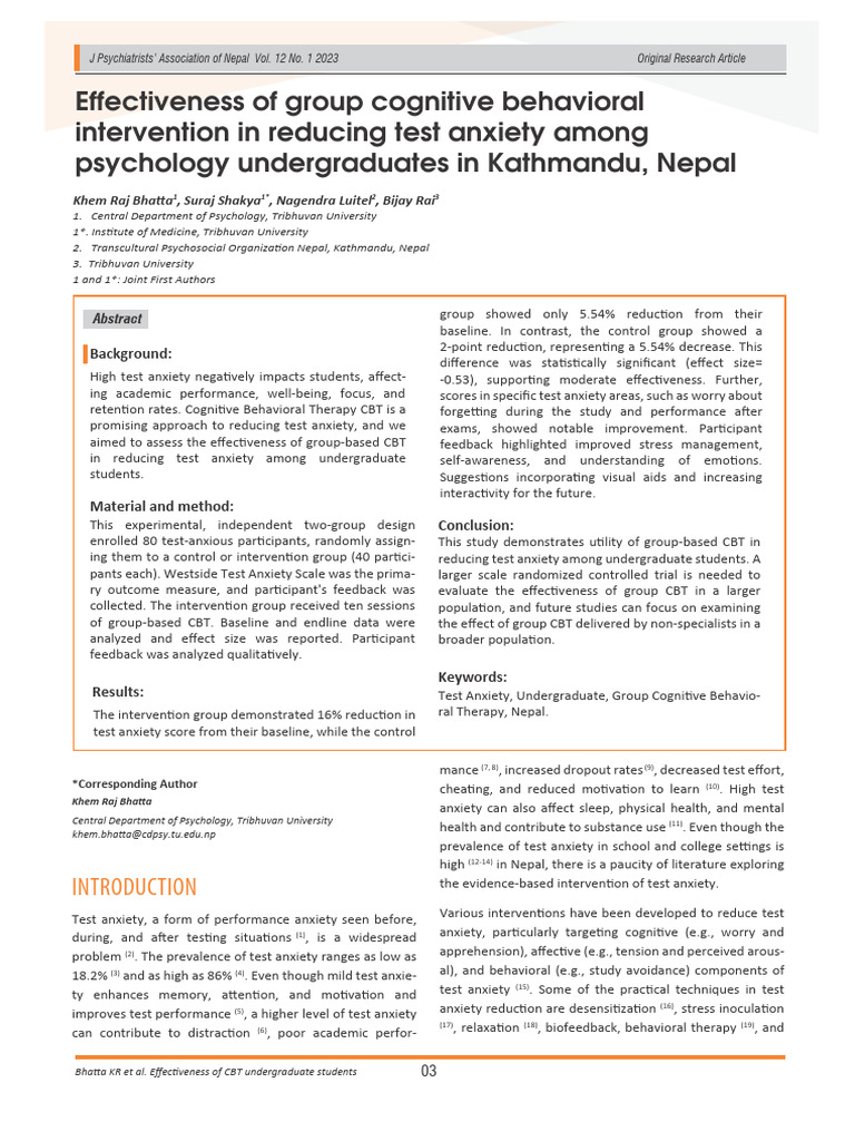 Effectiveness of Group Cognitive Behavioral Interv | PDF | Cognitive Behavioral Therapy | Anxiety