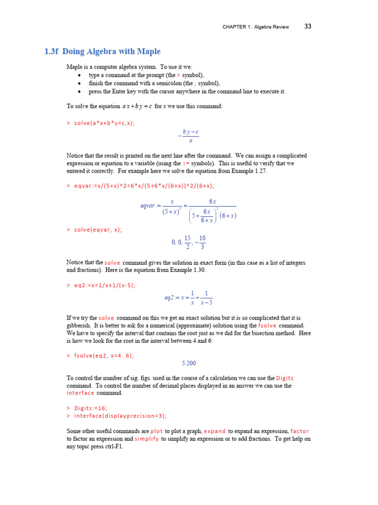 Basic Maple Commands Pdf Algebra Equations 