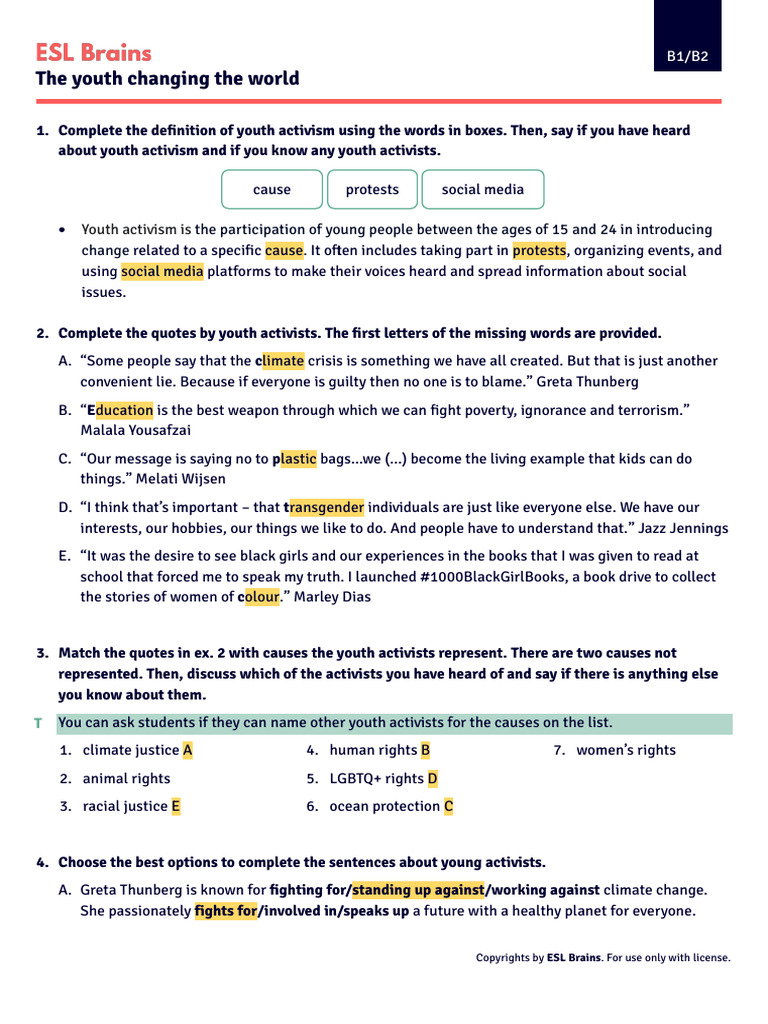 ESL Brains The Youth Changing The World TV 1801 | PDF | Malala Yousafzai