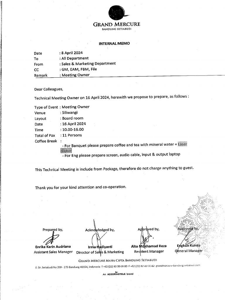 Internal Memo Technical Meeting Owner 16 April 2024 | PDF
