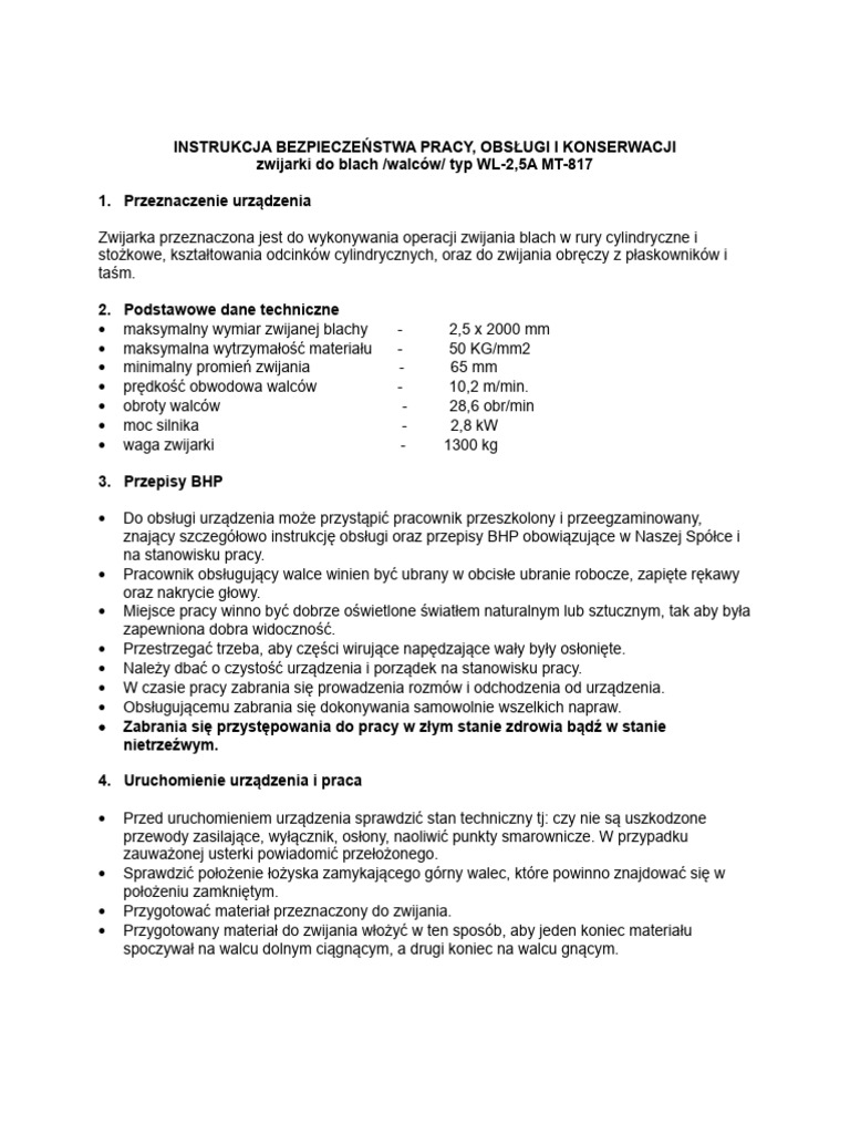 Instrukcja BHP Obsługi Zwijarki Do Blach I Walców | PDF