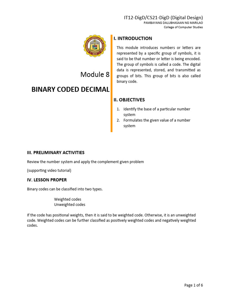 IT12 DigD CS21 DigD - Module 8 | PDF | Binary Coded Decimal | Computing