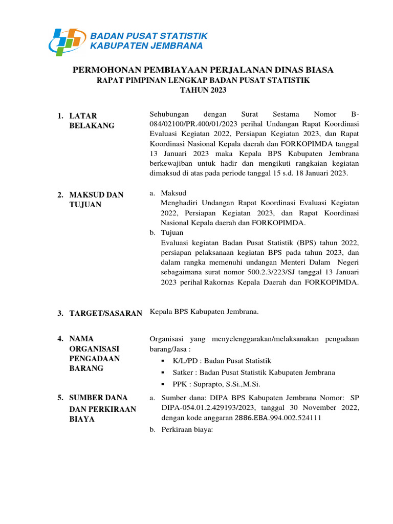 Permohonan Pembiayaan Dinas BPS 2023 | PDF