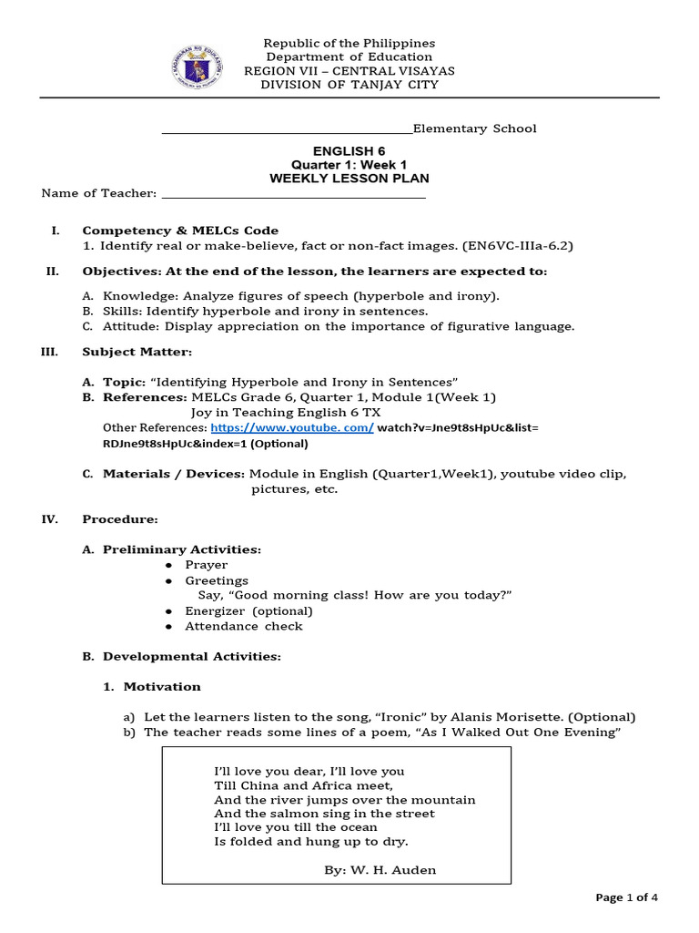 ENGLISH 6 Q1 WK 1 | PDF | Irony