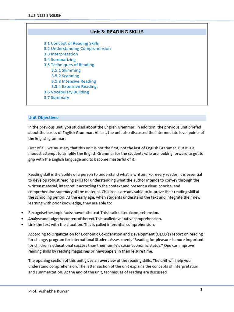 Unit 3 Reading Skills | PDF | Phonics | Reading Comprehension