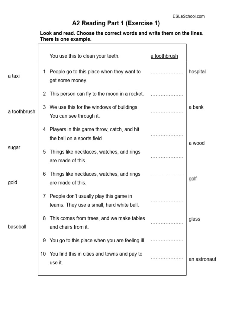 A2 Flyers Reading Part 1 Exercise 1 | PDF