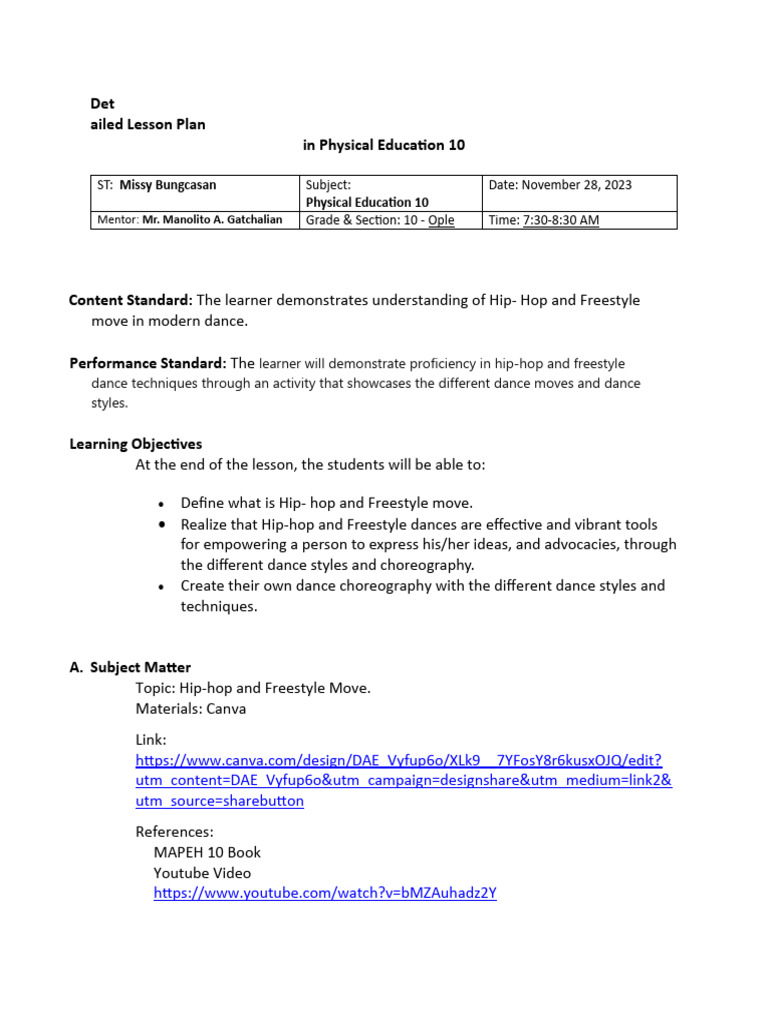 Detailed-Lesson-Plan-Grade 10 - P.E | PDF | Hip Hop Music | Dances