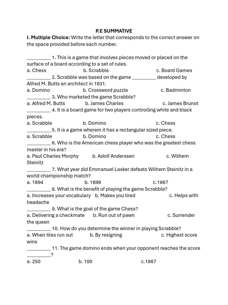 P.E. Summative Assessment on Board Games | PDF | Chess | Games Of ...