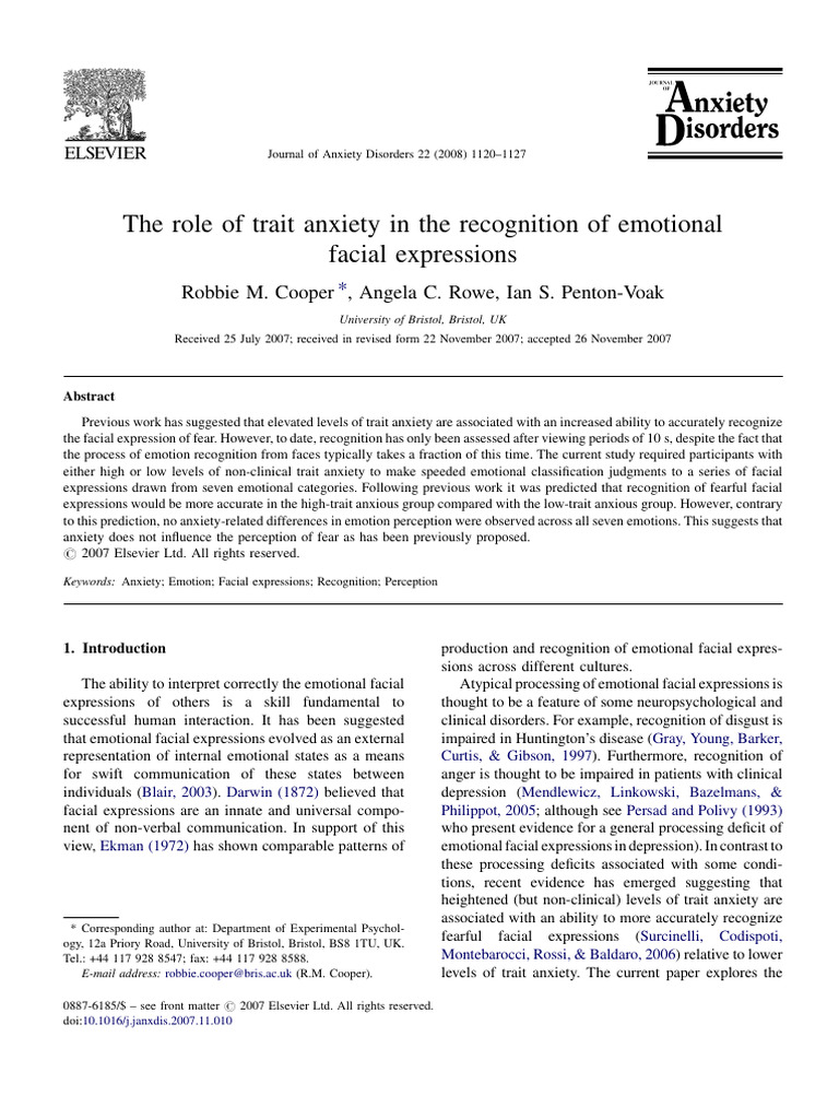 The role of trait anxiety in the recognition of emotional facial expressions | PDF | Anxiety ...