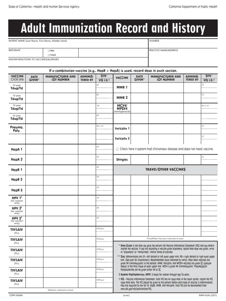 Adult Immunization Record Form | PDF | Vaccines | Pediatrics