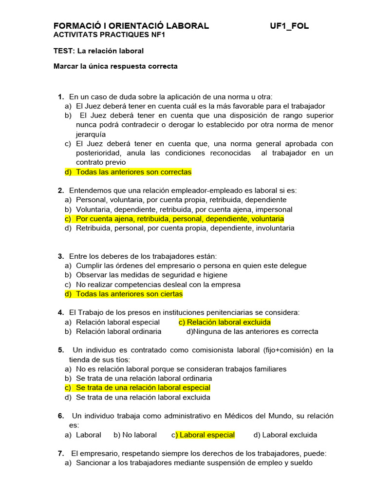 test fol relaciones laborales | PDF | Tiempo de trabajo | Derecho laboral