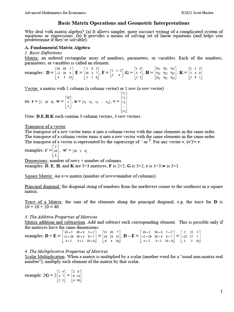 Basic Matrix Operations And Geometric Interpretations Pdf Vector