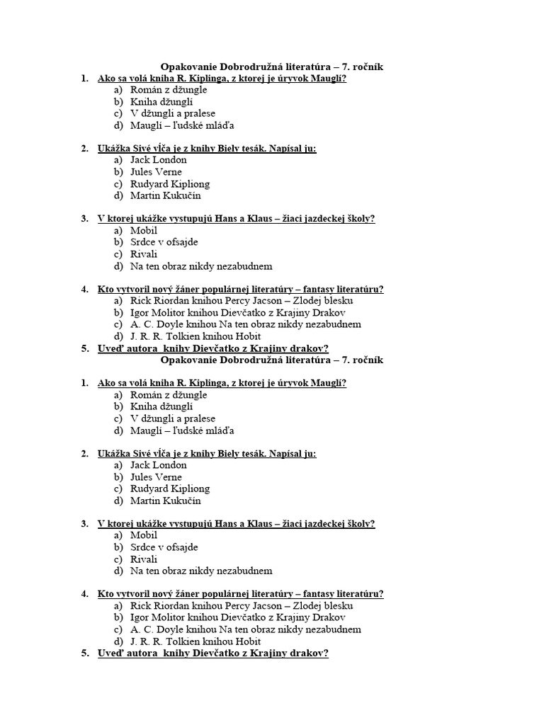 Opakovanie Dobrodružná Literatúra | PDF