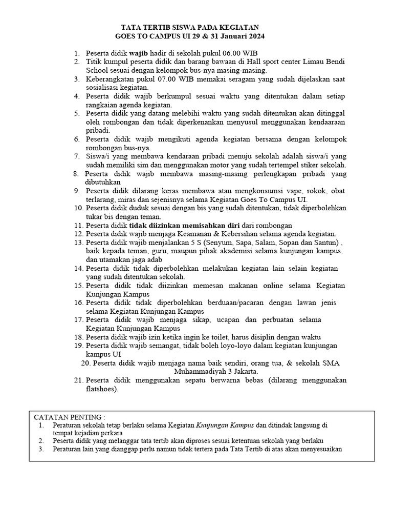 Tata Tertib Siswa Pada Kegiatan Goes To Campus Ui 29 | PDF
