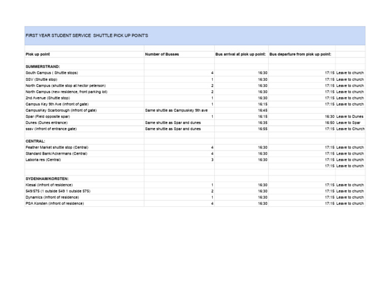 FIRST YEAR SHUTTLE STOPS - Sheet1 | PDF | Transport