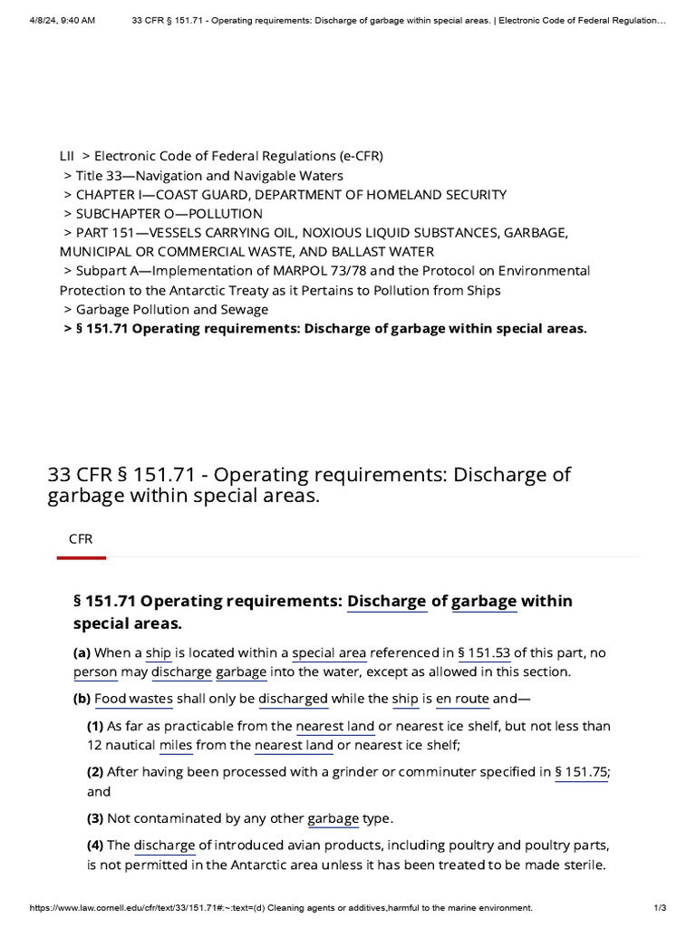 33 CFR 151.71 - Operating Requirements: Discharge of Garbage Within ...