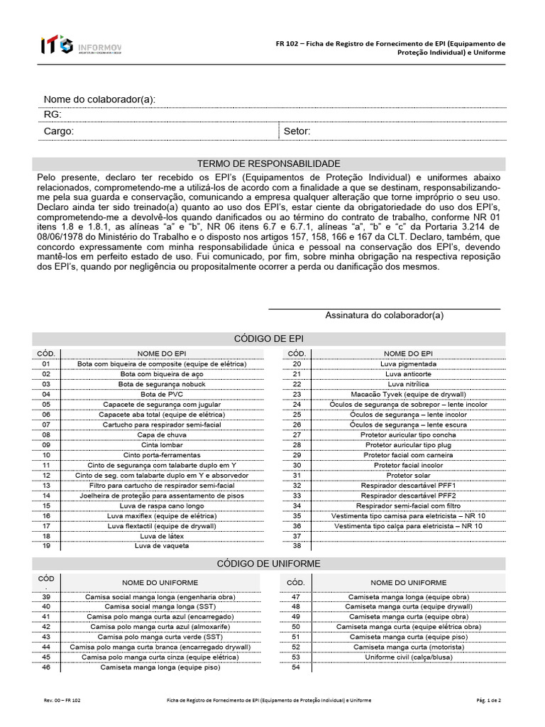 FR 102 - Ficha de EPI (novo modelo) | PDF