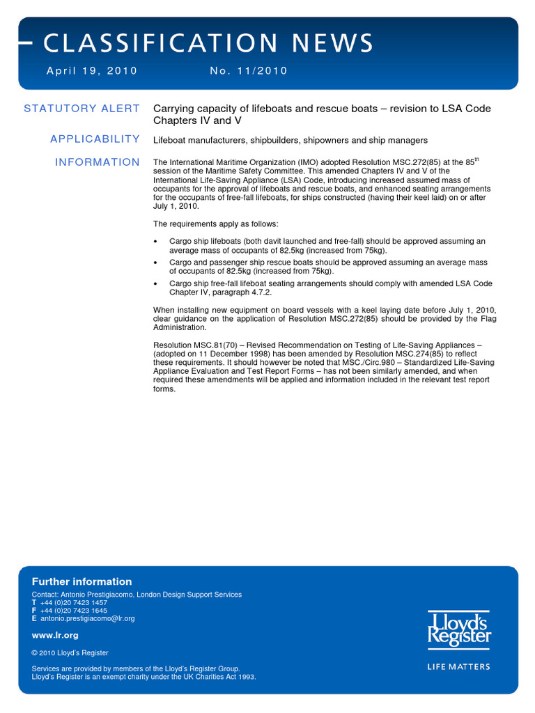 1carrying Capacity of Lifeboats and Rescue Boats - Revision To LSA Code ...