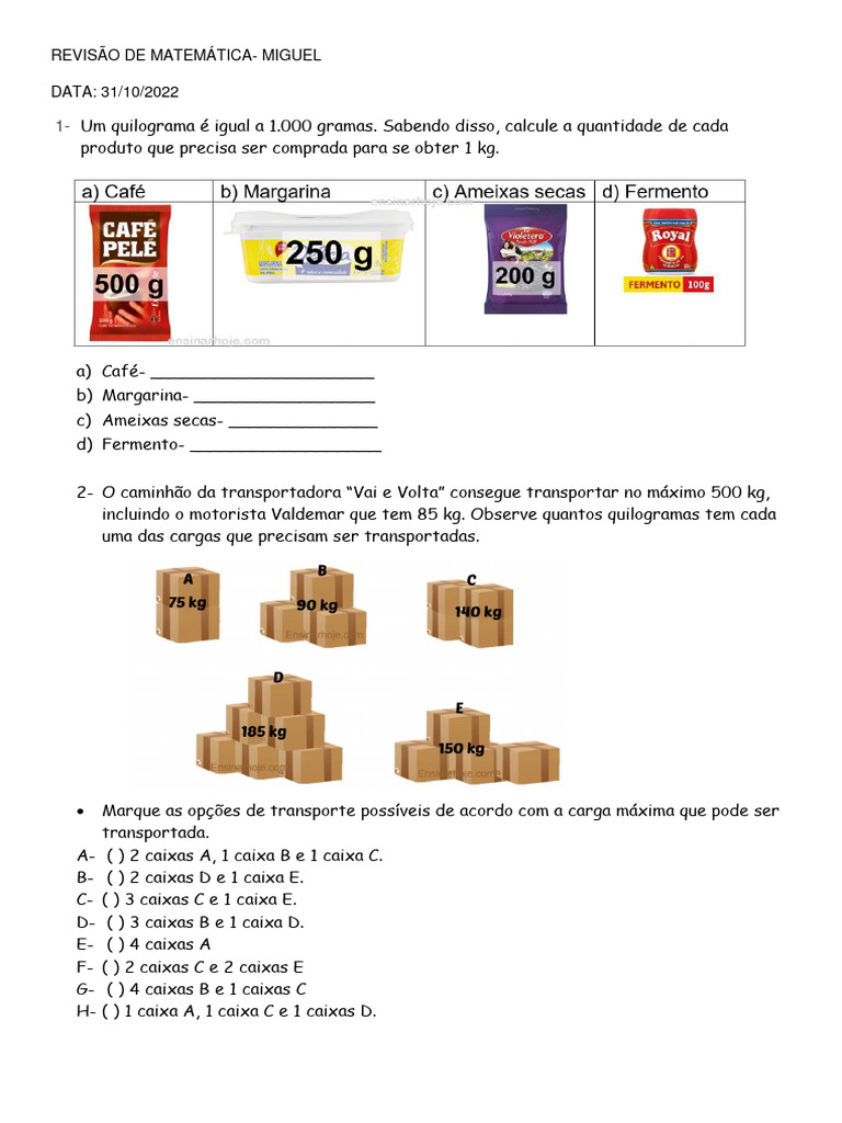 ATIVIDADE Matemática Medidas | PDF | Quilograma | Metro