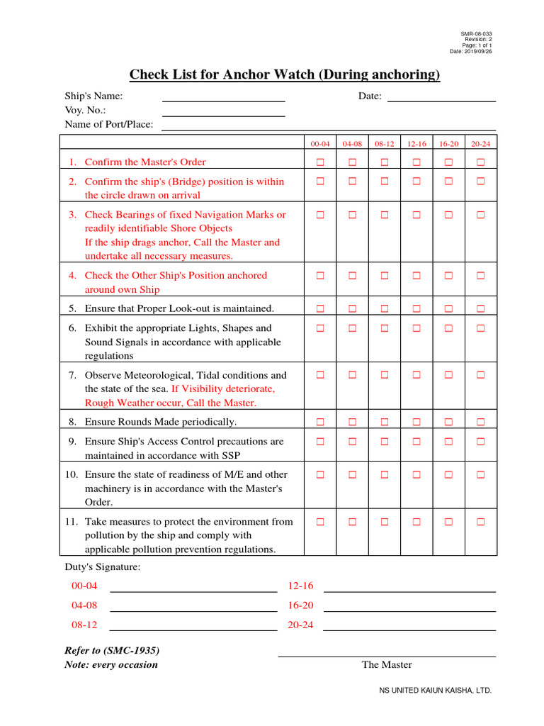 Check List For Anchor Watch (During Anchoring) | PDF | Water Transport ...