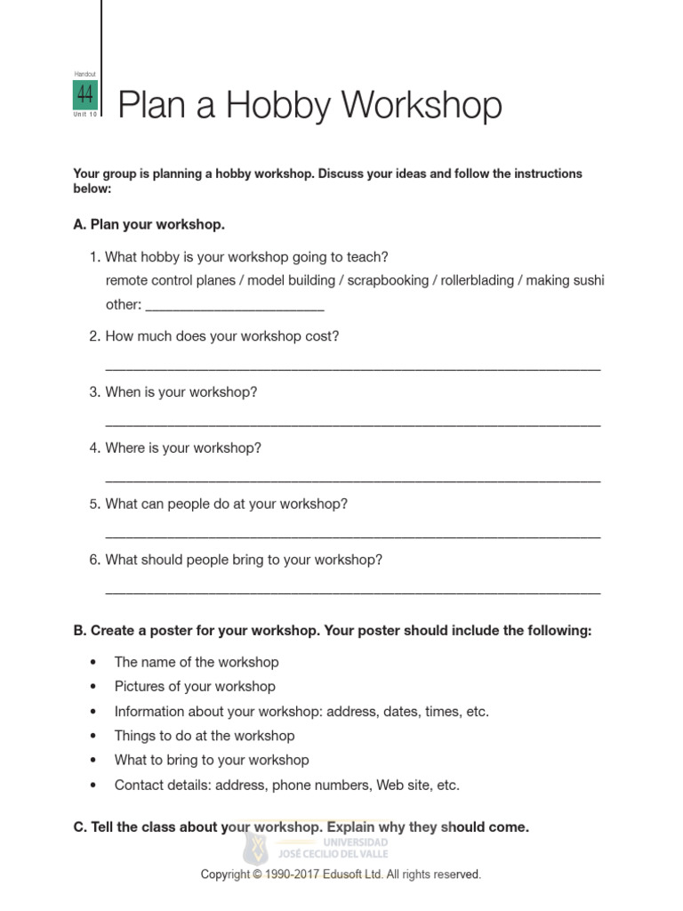 21 Basic II Handout 44 Unit 10 Hobbies Plan A Hobby Workshop | PDF