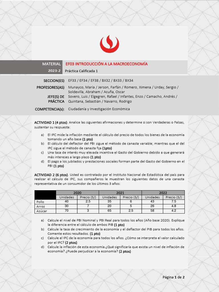 PC1 Intro A La Macro 2023-2 | PDF | Producto Interno Bruto | Inflación