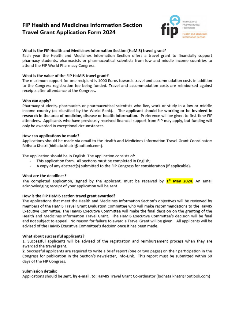 FIP HaMIS Travel Grant 2024 Application Form | PDF | Pharmacist