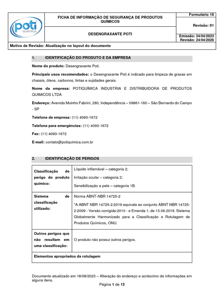 Poti Quimica - Desengraxante | PDF | Desperdício | Embalagem e rotulagem
