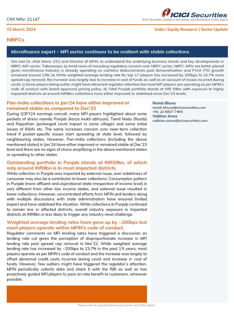 ICICI Securities NBFC Sector Update | PDF | Microfinance | Loans