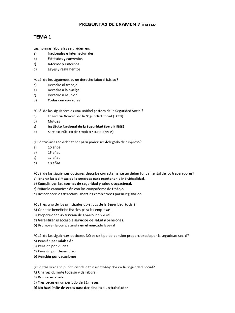 Preguntas de Examen Tema 1 y Tema 2 | PDF | Derecho laboral | Pensión
