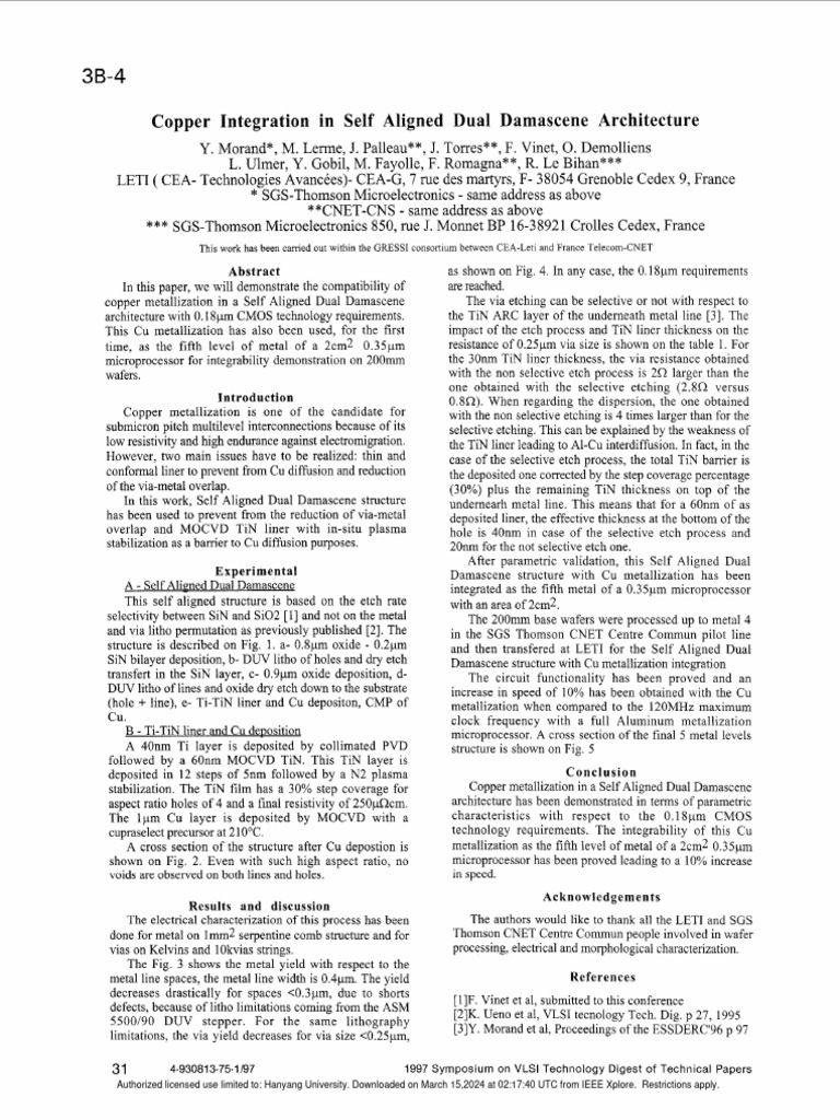 Copper Integration in Self Aligned Dual Damascene Architecture | PDF ...
