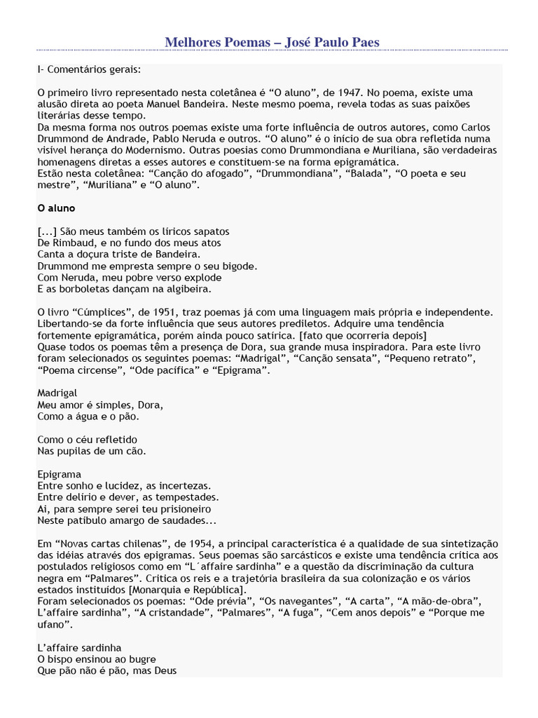 Melhores Poemas - JosÃ© Paulo Paes | PDF | Poesia