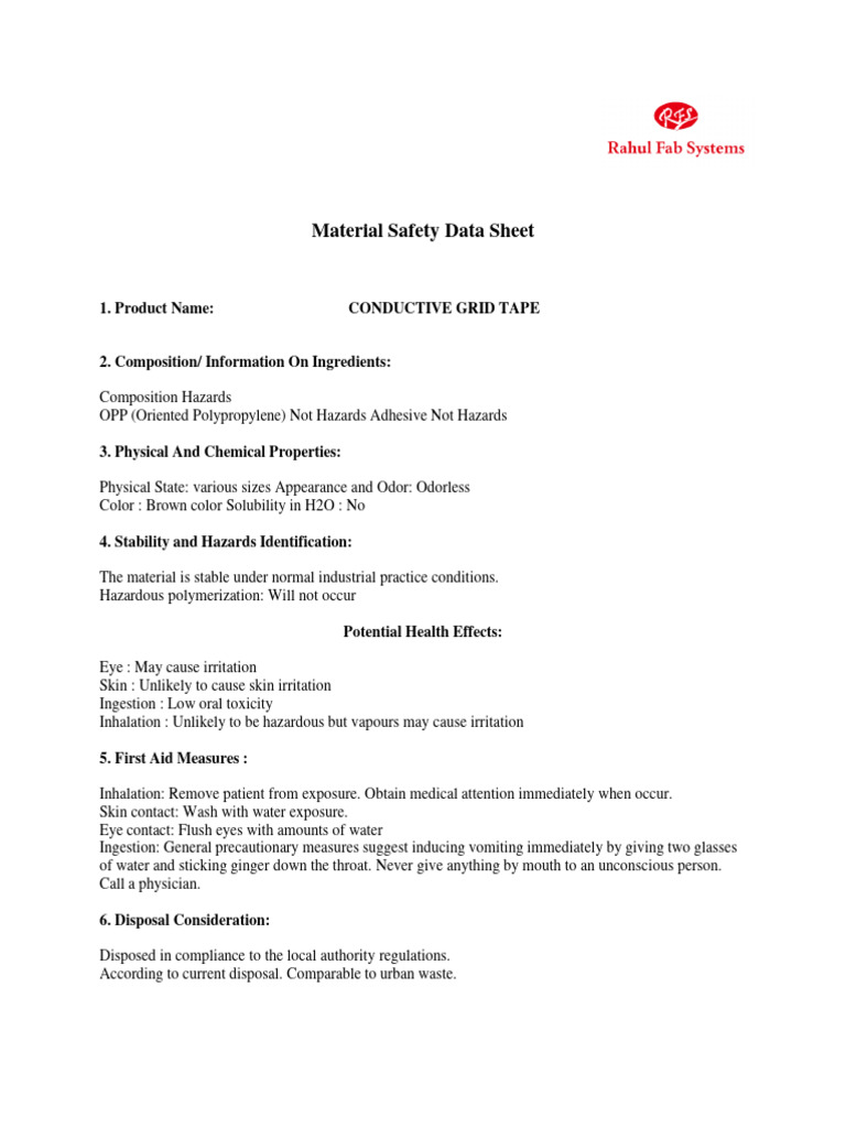 Grid tape - Material Safety Data Sheet | PDF | Hazards | Water