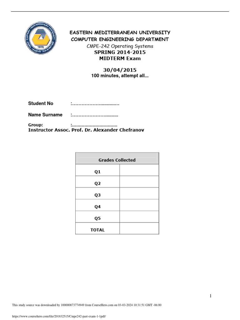 CMPE-242 Operating Systems Midterm Exam | PDF | Operating System ...