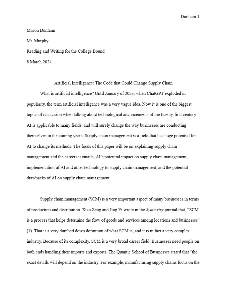 MASON DUNHAM - MLA Research Paper | PDF | Supply Chain | Artificial ...