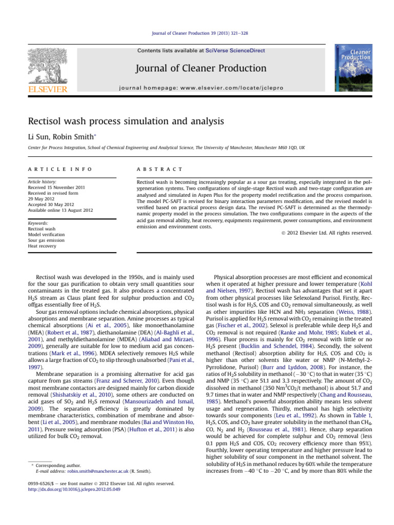 Rectisol Wash Process Simulation and Analysis | Download Free PDF ...