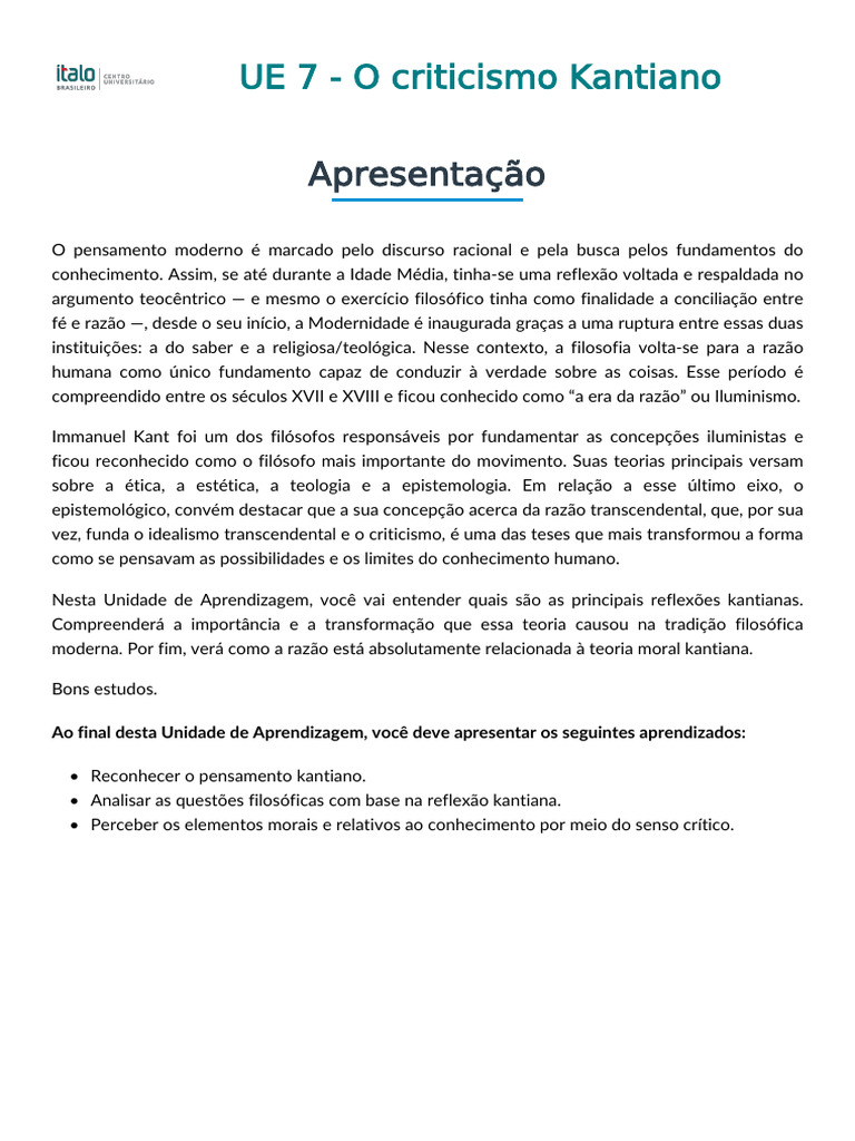 O Criticismo Kantiano e o Conhecimento | PDF | Immanuel Kant | Conhecimento