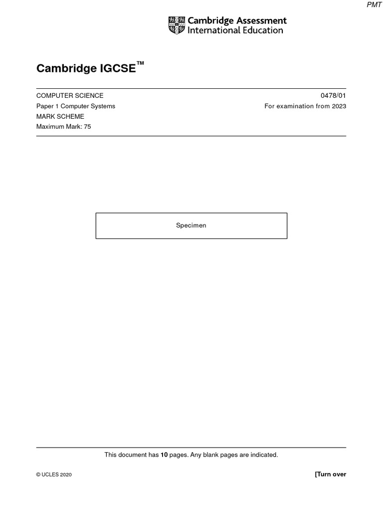 Specimen (2023) MS - Paper 1 CAIE Computer Science GCSE | PDF ...